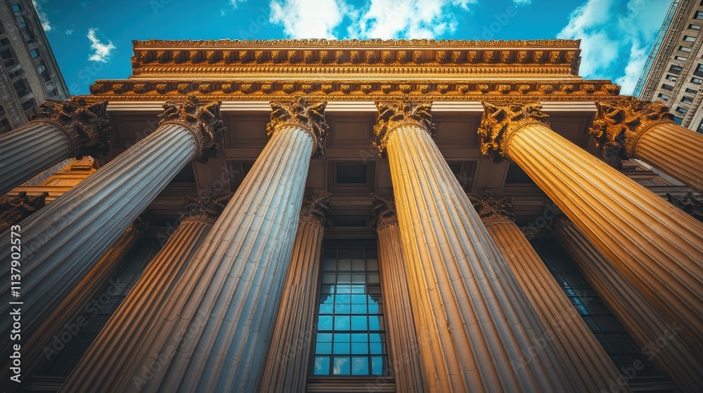 Massive bank building with classic columns, shot from a low angle ...