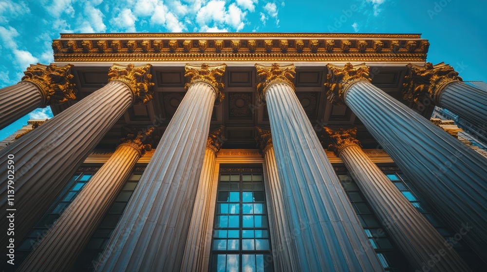 Massive bank building with classic columns, shot from a low angle ...