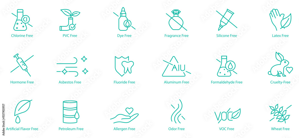 Comprehensive Free-From Icon Set – Chlorine, PVC, Dye, Fragrance ...