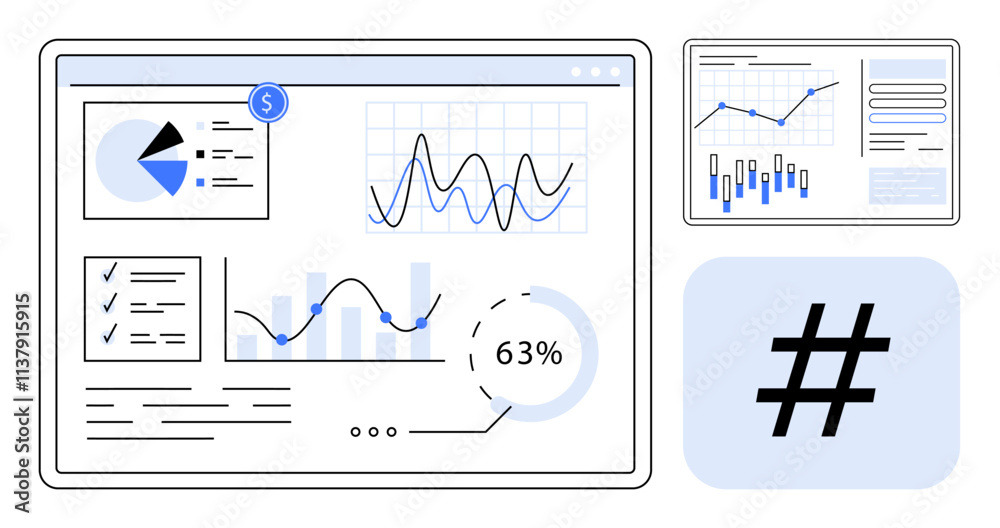 Digital analytics dashboard displaying line graphs, pie chart, bar graphs, and data checklists ...