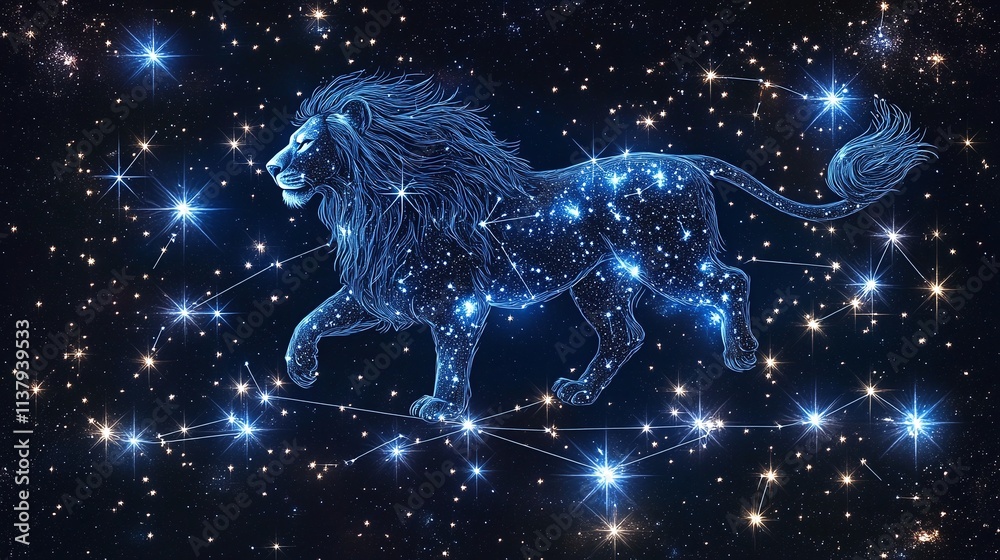 Create a striking illustration of the Leo constellation, showcasing the lion with brilliant ...