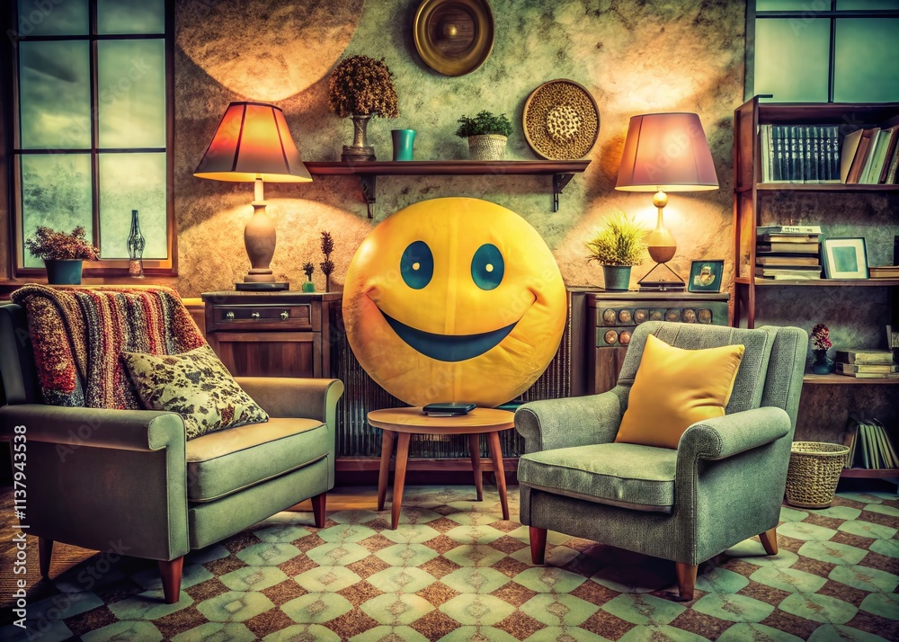 Vintage Style Photography of a Smiling Emoji Surrounded by Retro ...