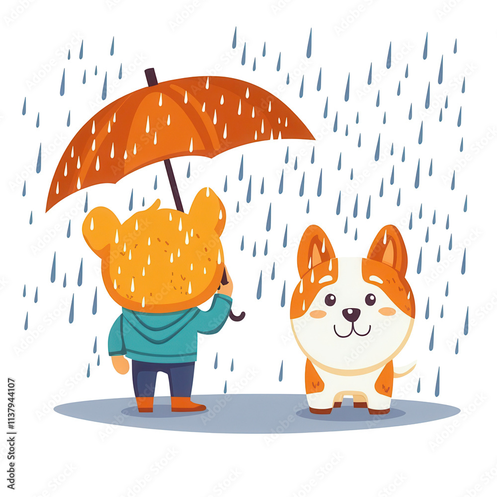 Cute cartoon characters with umbrella rainy day illustrative art ...