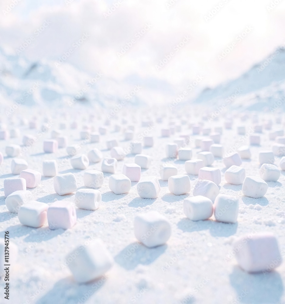 Soft, puffy mini marshmallows scattered across a white, snowy landscape ...