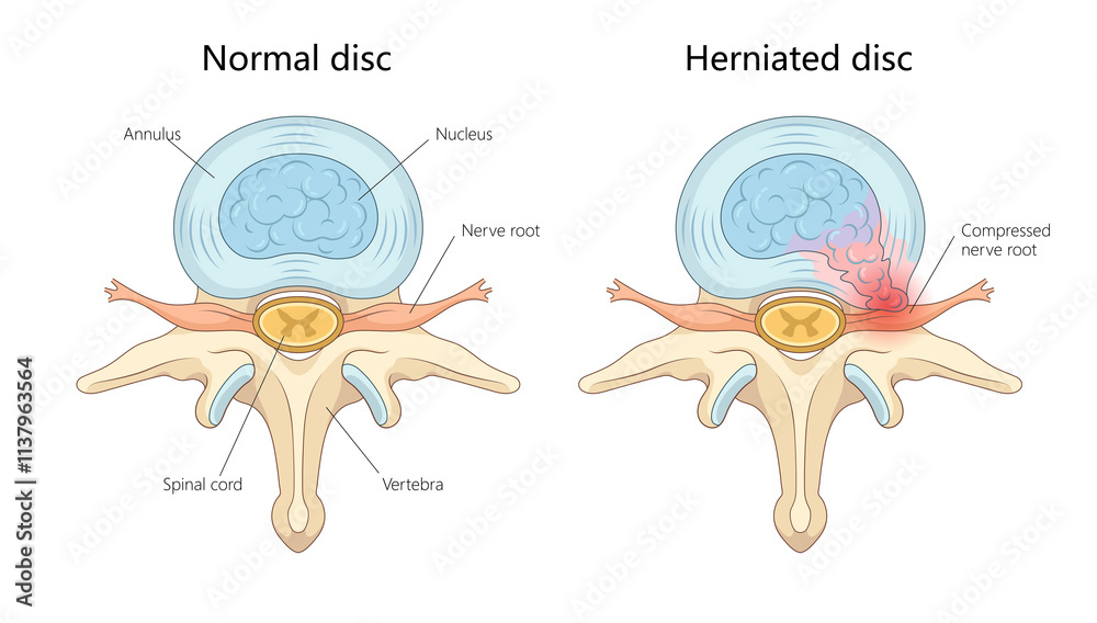 normal spinal disc and a herniated disc with compressed nerve root ...