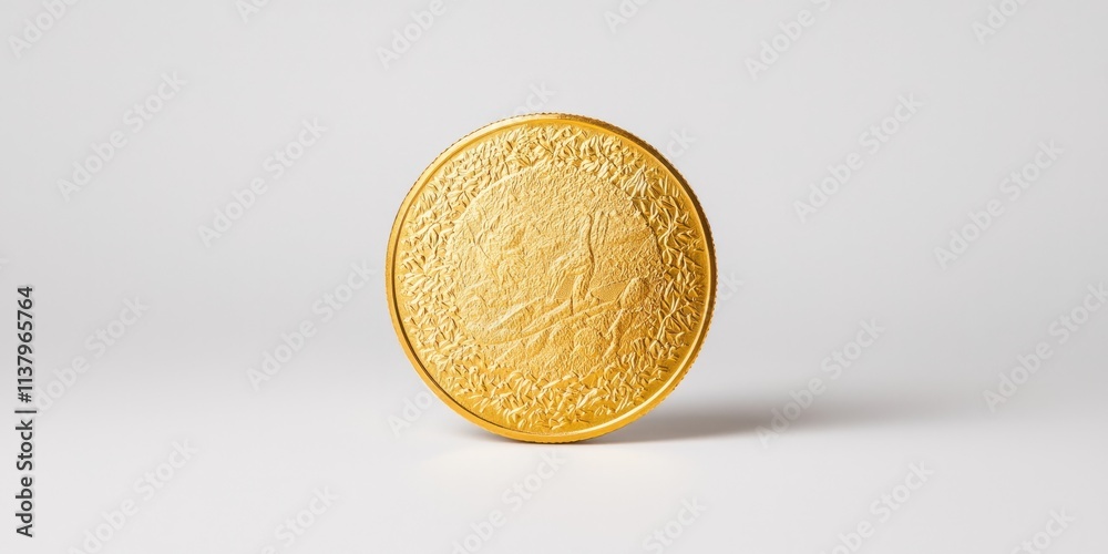 Gold price investment concept. A shiny gold coin on a light background ...