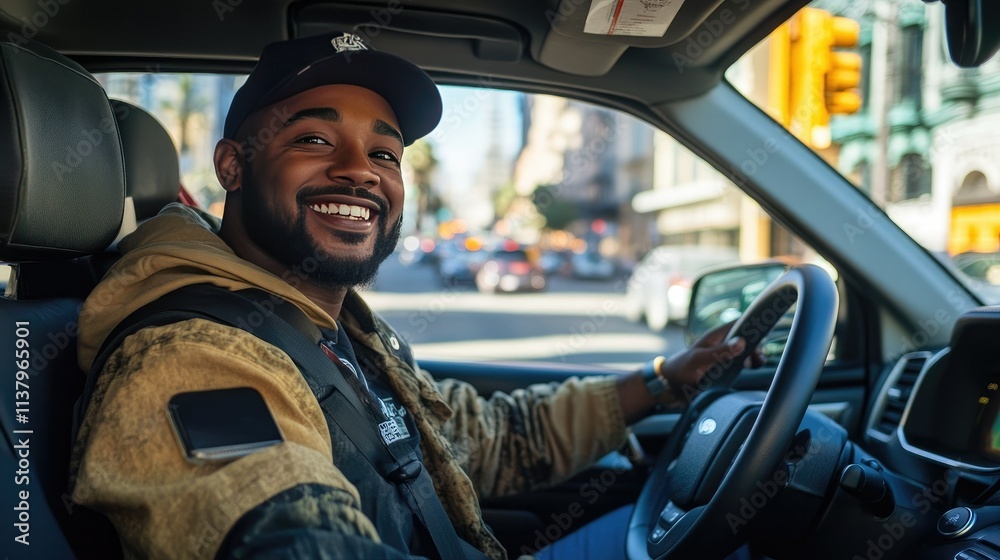 Professional and Friendly Ride-Hailing Driver Welcoming Passengers in a ...