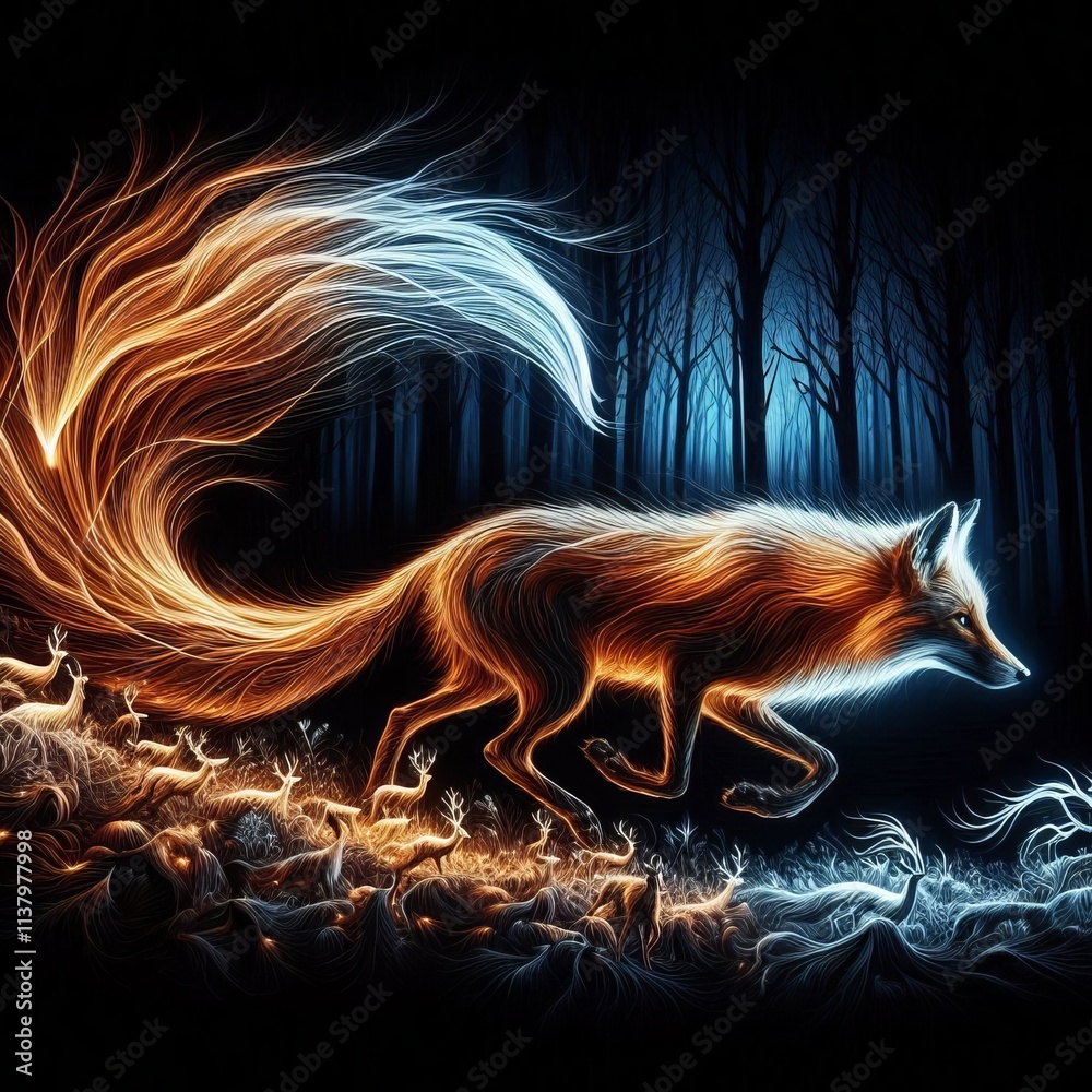 Fox's Hunt Luminogram Capture a fox hunting in a dark forest usi Stock ...