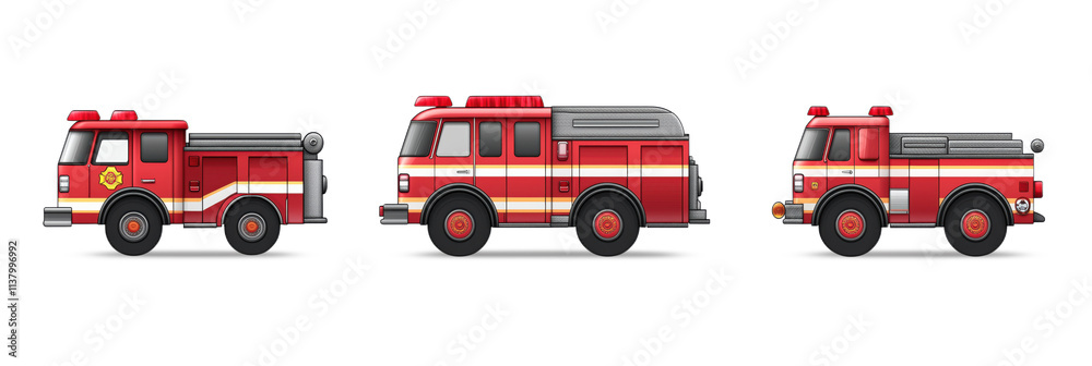 Fire trucks illustration, three different angles, red color, emergency ...