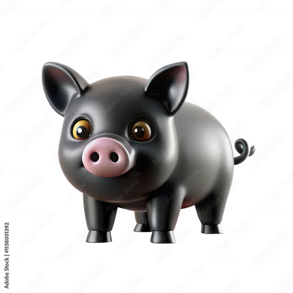 A charming black cartoon pig character with big eyes and a cute smile ...