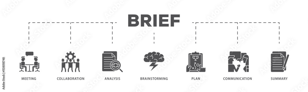 Brief infographic icon flow process which consists of meeting, collaboration, analysis ...