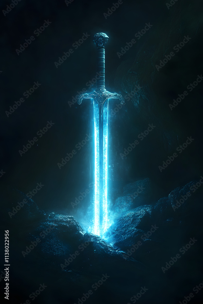 Glowing blue magical sword embedded in stone surrounded by mist ...