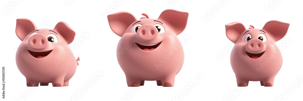 Cute cartoon pigs, three smiling characters, round bodies, big eyes ...