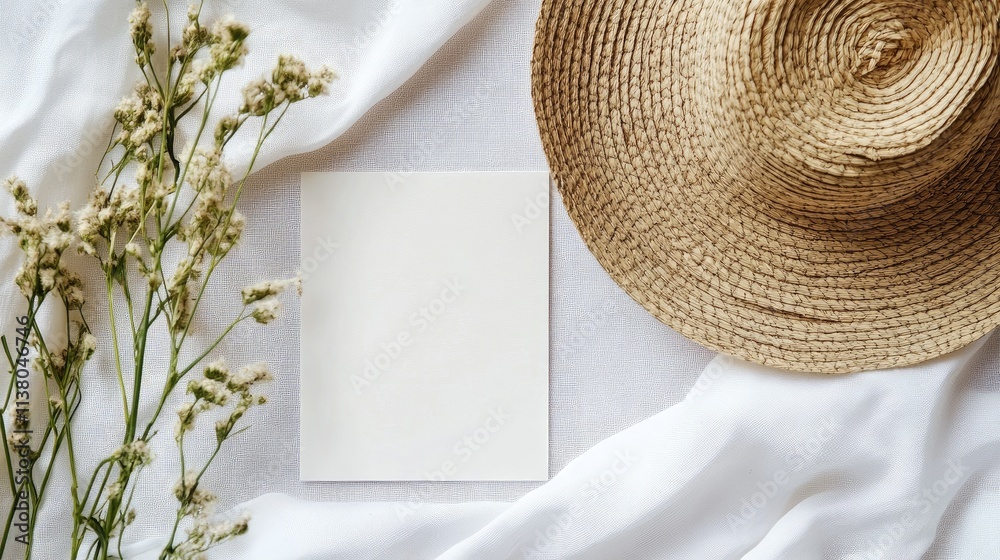 Minimalistic 5x5 card mockup featuring a straw hat and wildflowers on a ...