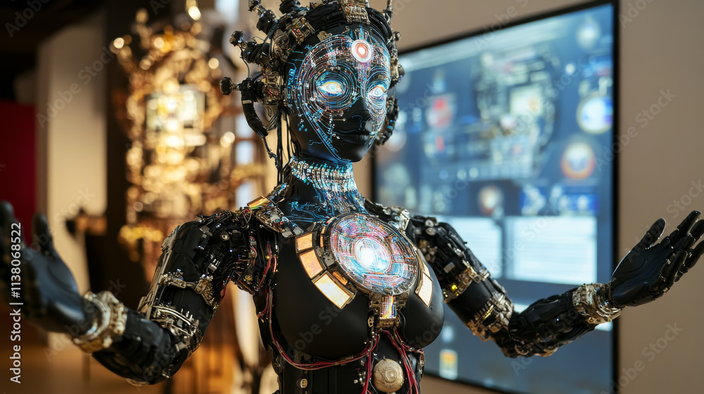AI in image of female robot works with computer interface. Bot with artificial intelligence ...