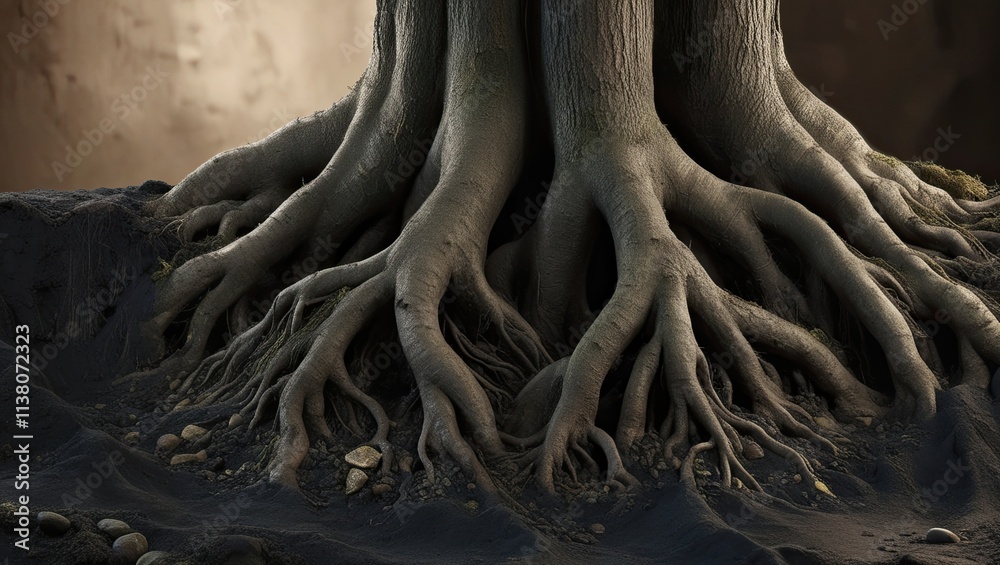 Intimate, detailed depiction of thick, gnarled tree roots buried in ...