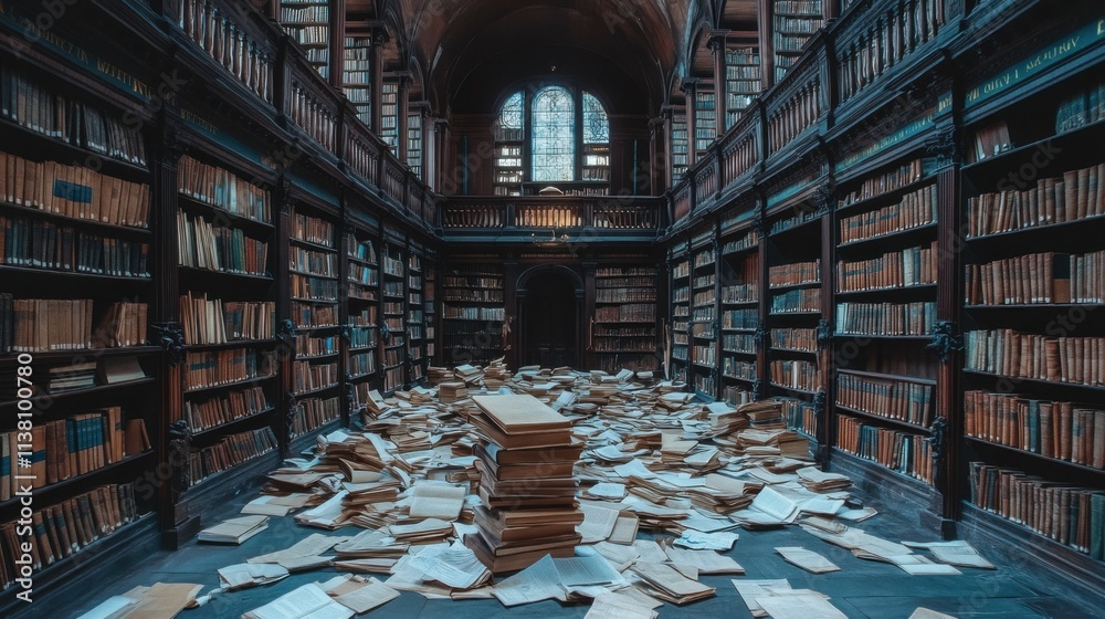 ancient library with grand bookshelves and scattered papers, symbolic ...