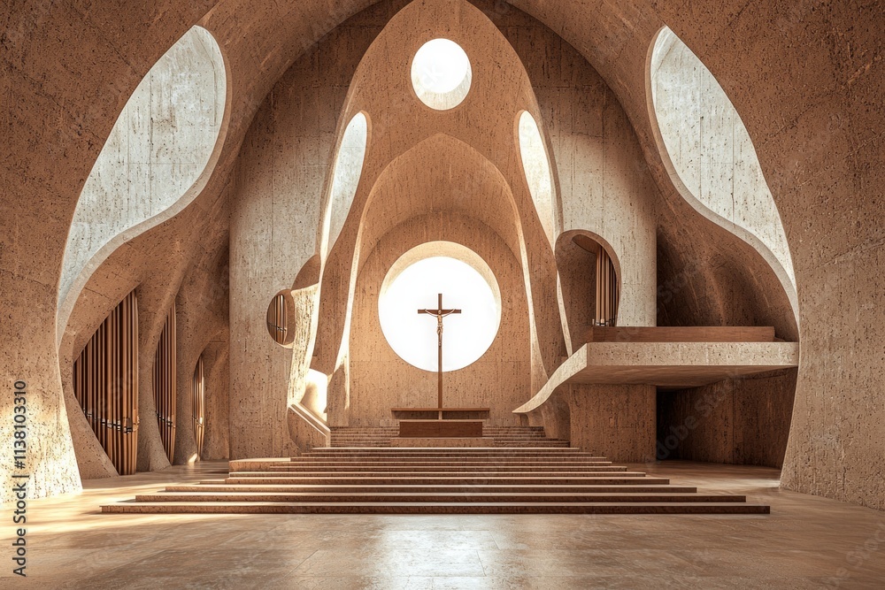 The interior of the modernist church is made from rammed earth walls ...