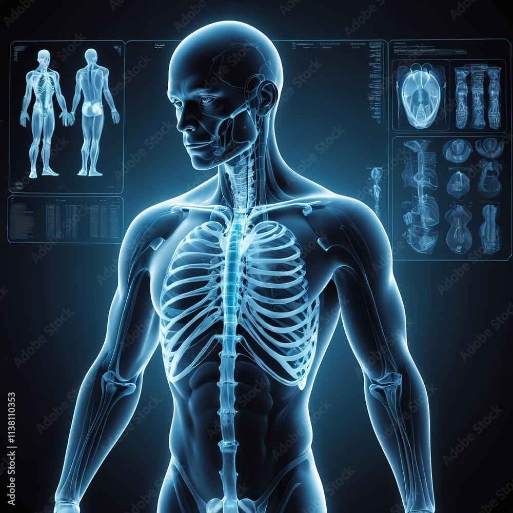 Advanced 3D X-ray body scanning interface displaying human anatomy ...