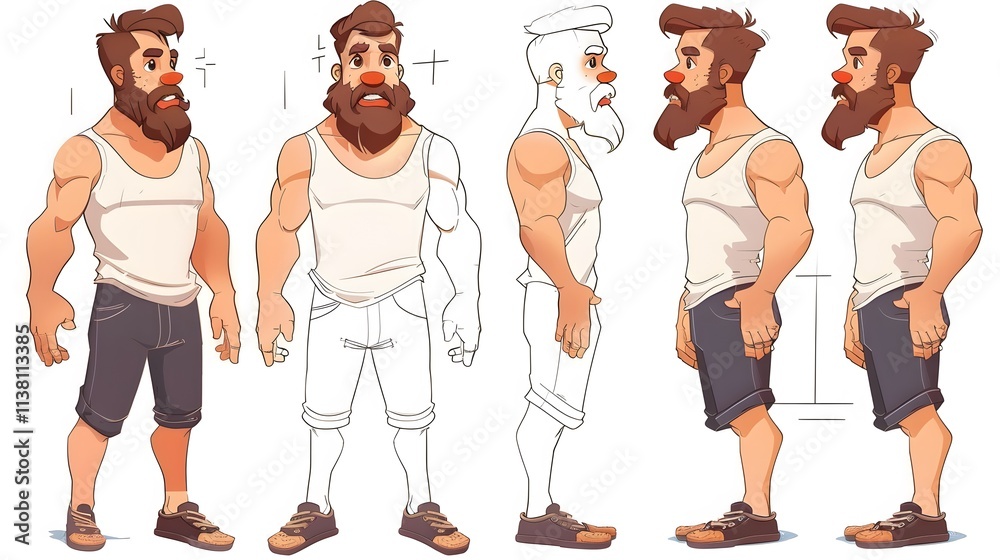 Cartoon man in different poses for animation, with line art and color ...