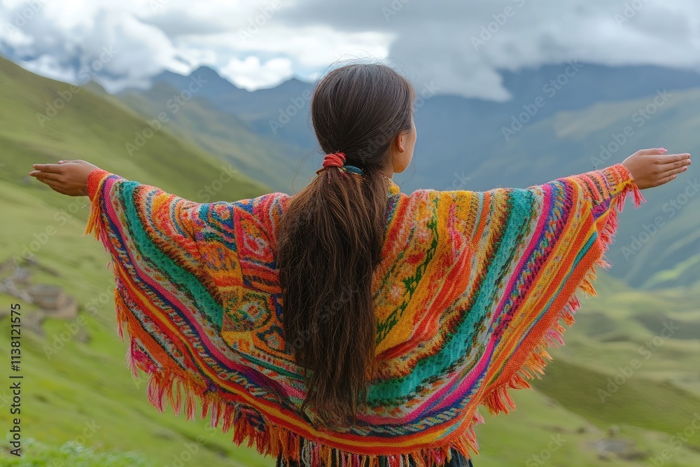 Indigenous woman wearing colorful poncho embraces andes mountains in ...