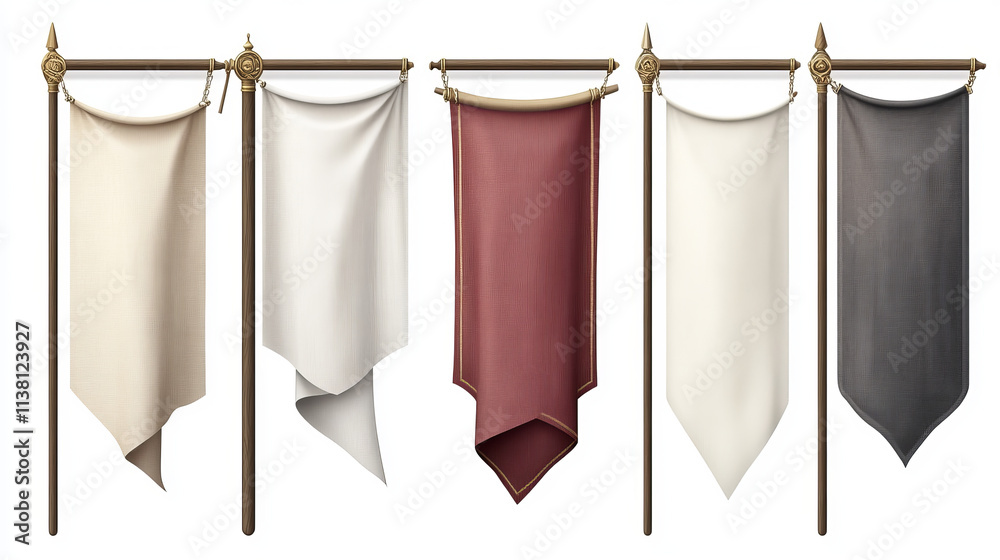 White pennant flags mockup, blank vertical banners on flagpole with ...
