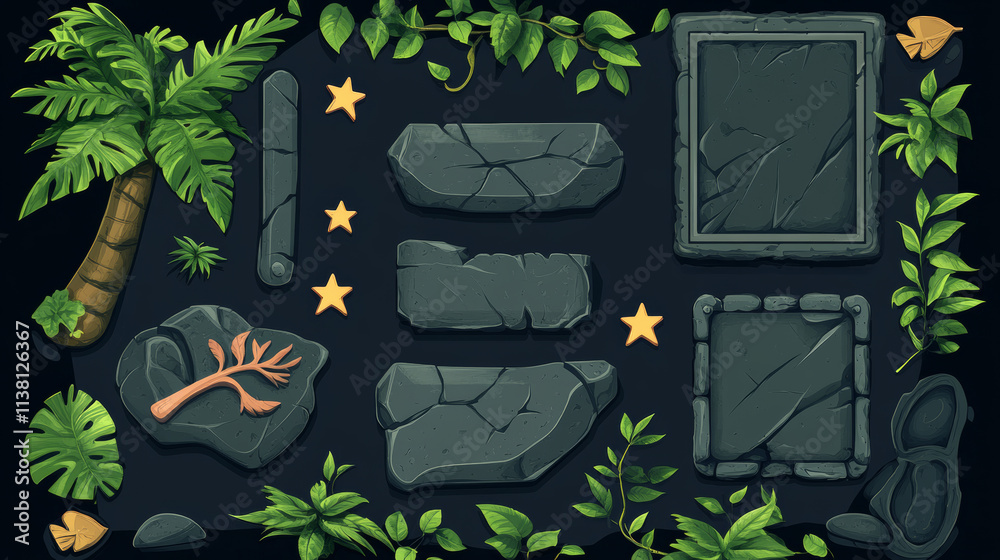 Jungle game ui elements with stone texture and green liana vines and tropical plant leaves ...