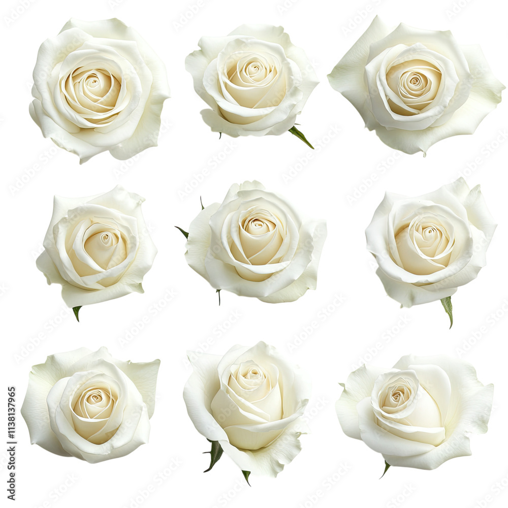 6 white rose flower heads isolated on a white background, top view ...