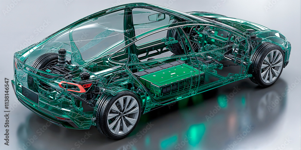 Generic electric car wireframe showing the inner batteries and motor on ...