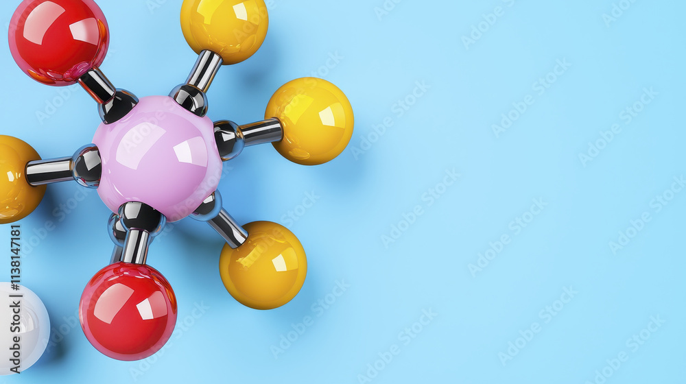 Colorful molecular model on blue background, showcasing vibrant spheres ...