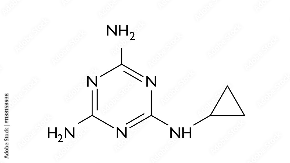 cyromazine molecule, structural chemical formula, ball-and-stick model ...