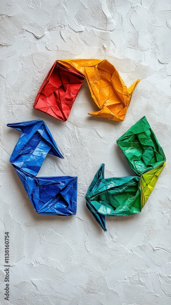 colorful origami recycling symbol on textured white background ...