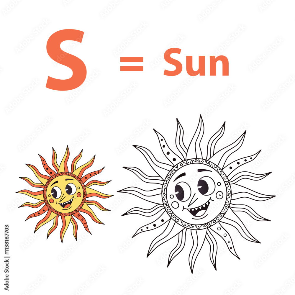 S for Sun Coloring Page – Bright and Fun Printable for Children Stock ...