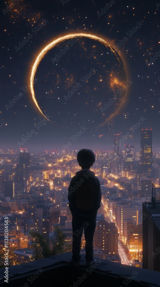 Anime boy on rooftop gazing at starry night sky, glowing moon, and city ...