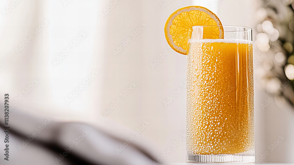Fresh orange juice served in a tall glass on a white surface with light and condensation in a ...