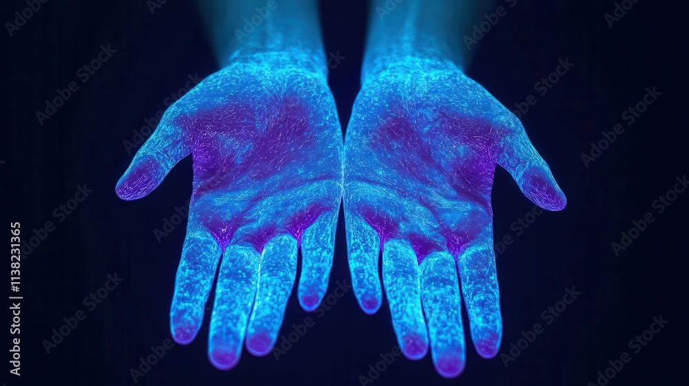 Health warning and guidelines concept. Sterile hands under UV light ...
