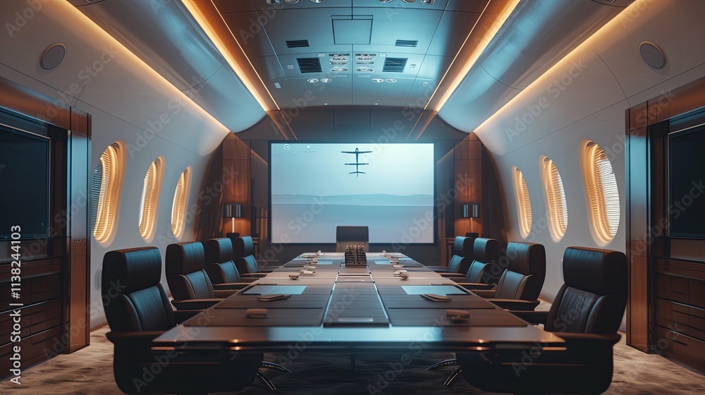 Luxurious Private Jet Conference Room with Large Screen Showing ...
