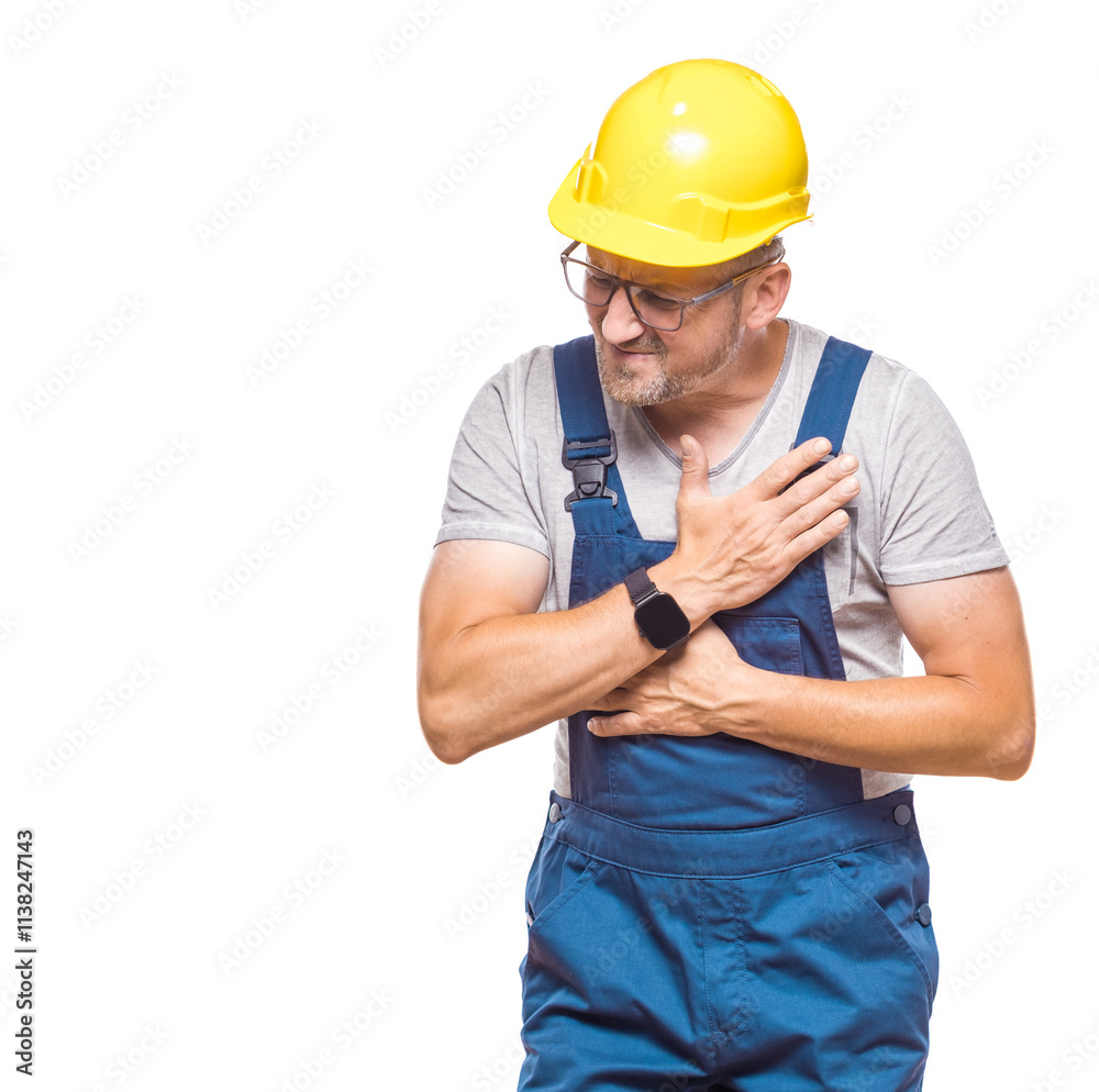 Middle aged construction worker having heart attack, craftsman has pain ...