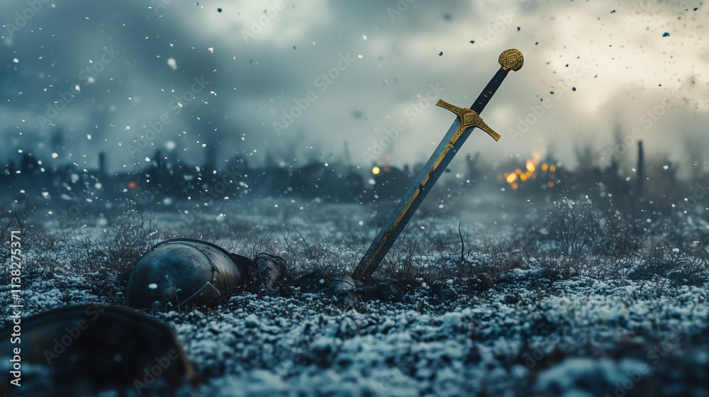 Historic viking battlefield, Golden sword, cracked shields, dented ...