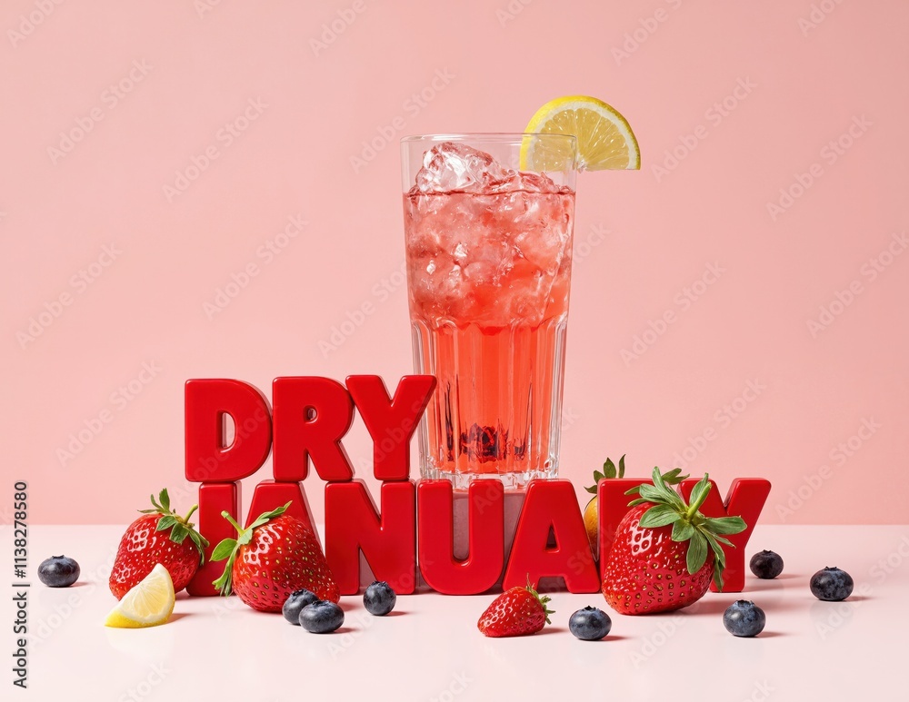 Dry January text with red mocktail, strawberries, blueberries, and ...
