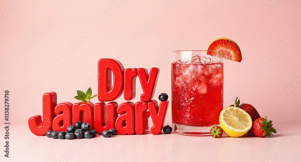 Dry January text with red mocktail, strawberries, blueberries, and ...