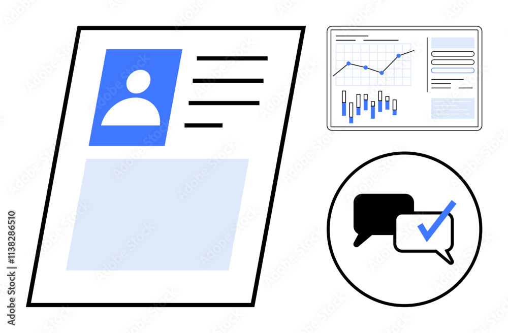 Profile page with avatar, analytics dashboard with graph and bar chart ...