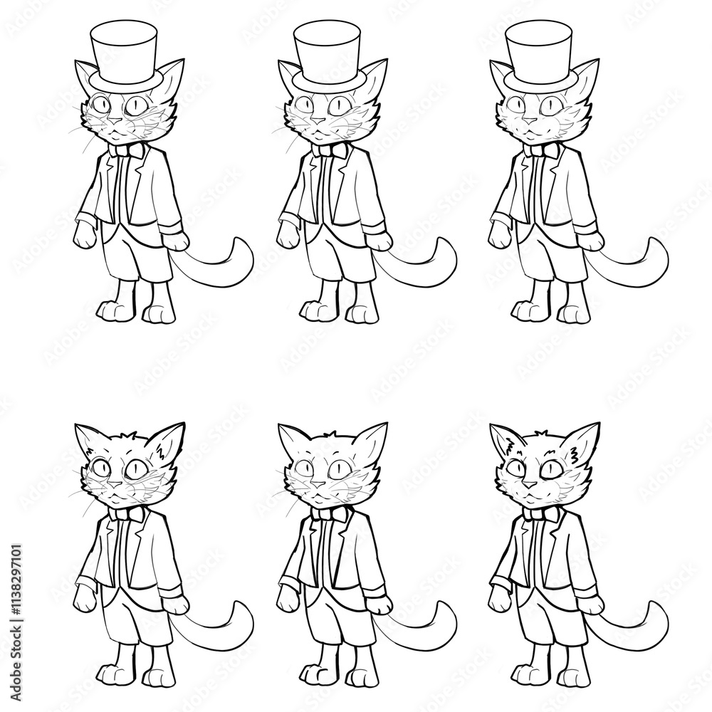 Cat cylinder hat drawing line art cartoon character children coloring ...