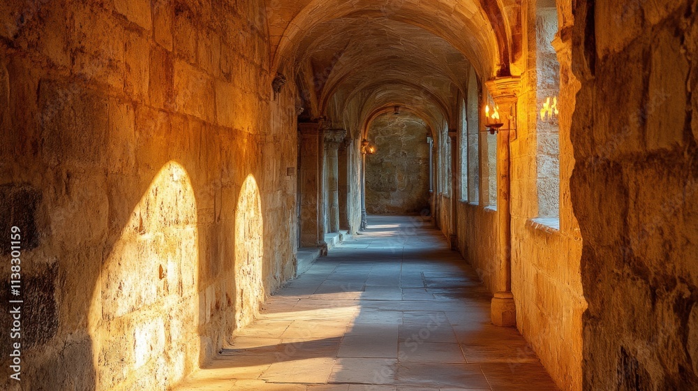Medieval stone corridor with flickering torches casting long shadows ...