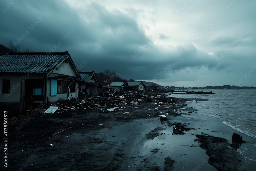 natural disaster, tsunami aftermath, flooded village, stormy sky ...