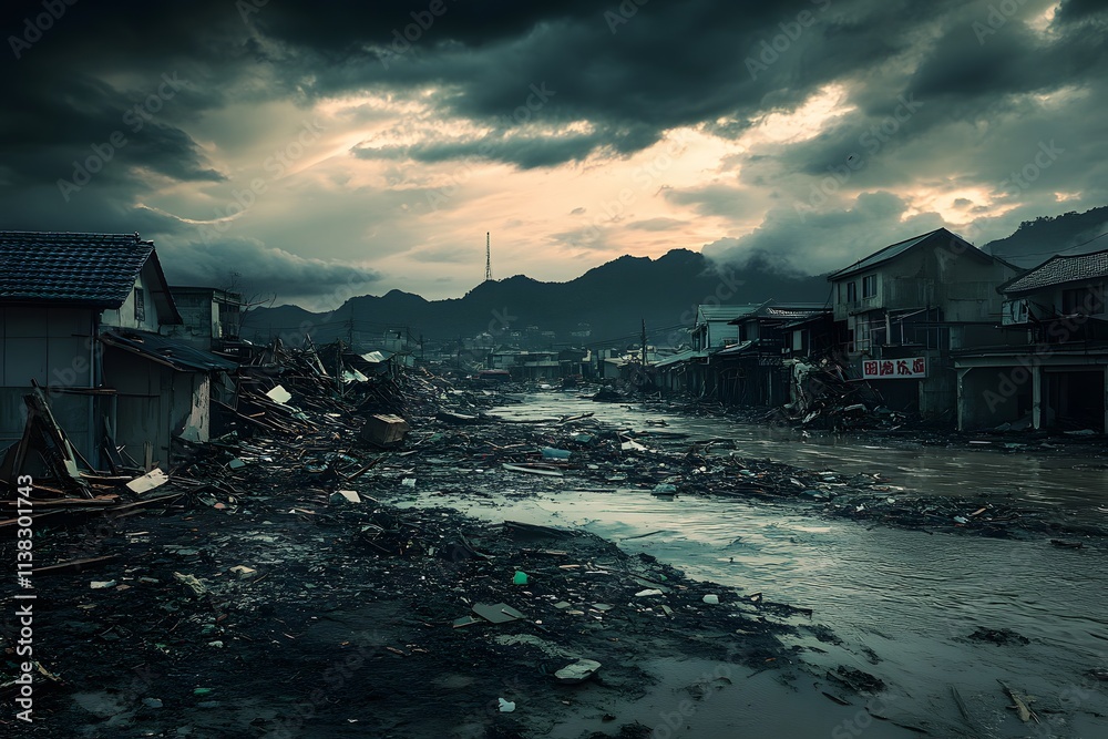 natural disaster, tsunami aftermath, flooded village, stormy sky ...