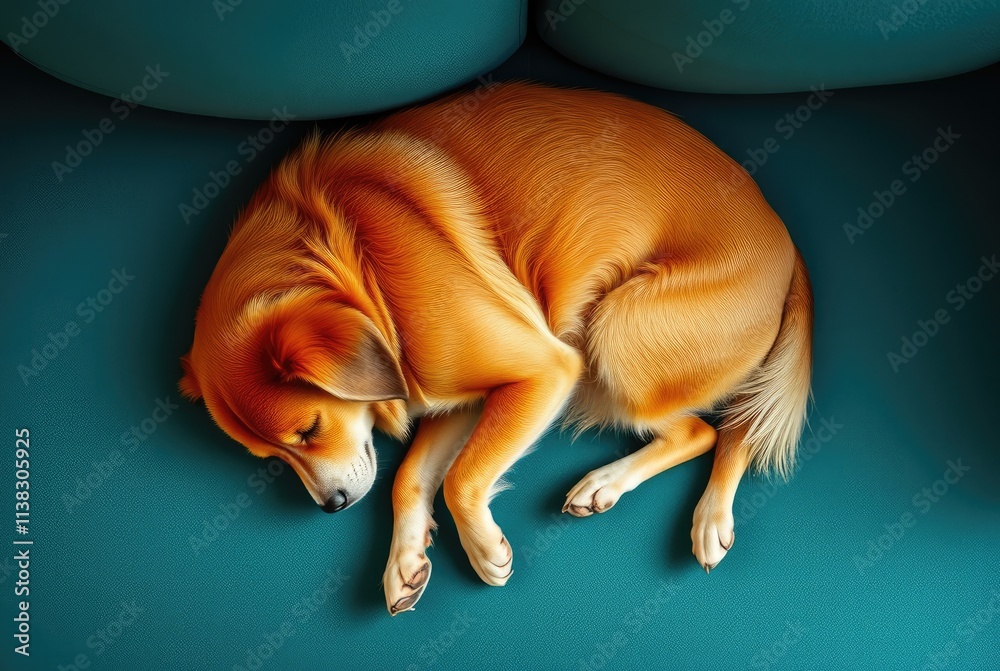 A playful dog is curling up comfortably on a soft couch, stretching out ...