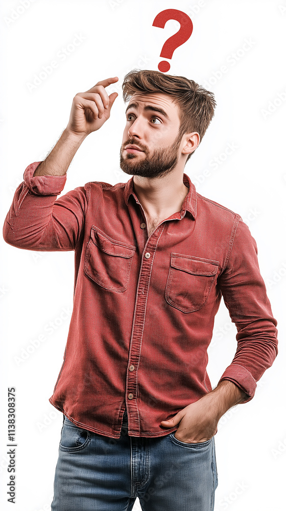 Business concept. Question mark icon above the businessman's head. An ...