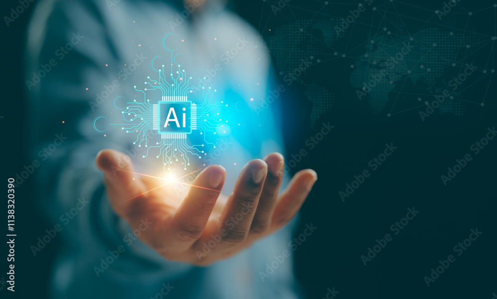 Businessman hand touching cloud AI technology on global. AI learning and business artificial ...