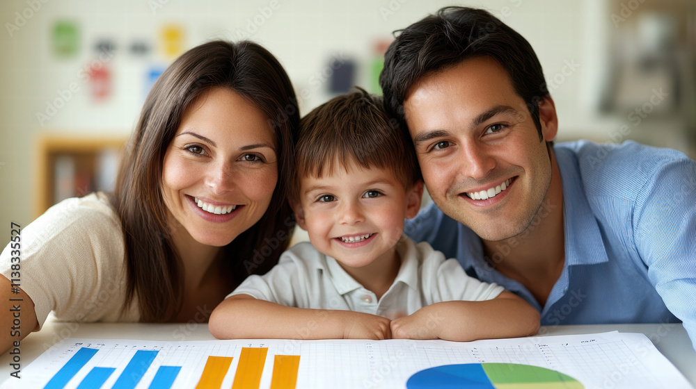family smiling as they review chart showing their progress together ...
